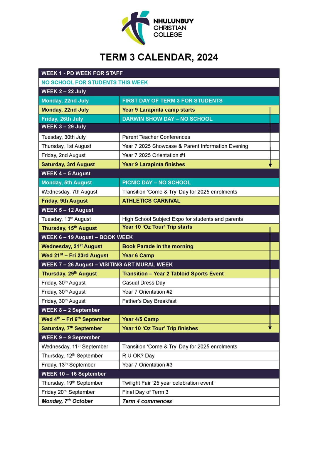 College calendar - Nhulunbuy Christian College